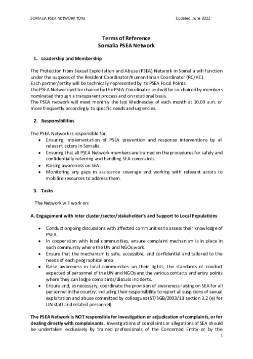 Somalia ToR PSEA Network | IASC / PSEA Somalia ToR PSEA Network | IASC / PSEA